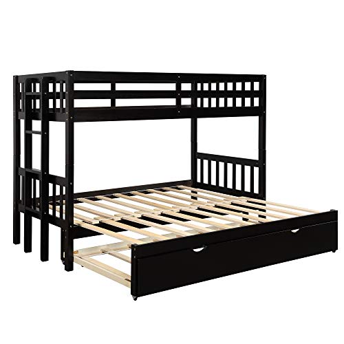 KLMM Twin Over Pull-Out Bunk Bed with Trundle, Wooden Twin Over Twin/Full/Queen/King Bunk Bed, Accommodate 4 People Extendable Bunk Beds with Ladder and Safety Rail (Espresso)