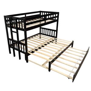 KLMM Twin Over Pull-Out Bunk Bed with Trundle, Wooden Twin Over Twin/Full/Queen/King Bunk Bed, Accommodate 4 People Extendable Bunk Beds with Ladder and Safety Rail (Espresso)