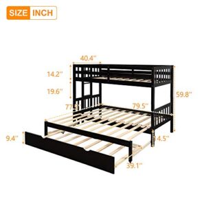 KLMM Twin Over Pull-Out Bunk Bed with Trundle, Wooden Twin Over Twin/Full/Queen/King Bunk Bed, Accommodate 4 People Extendable Bunk Beds with Ladder and Safety Rail (Espresso)