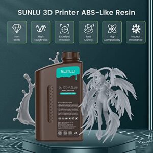 SUNLU 3D Printer Resin, 2000g ABS-Like High Toughness Resin for 4k/6k/8k LCD/DLP/SLA Resin 3D Printer, 405nm UV Curing 3D Printing Resin, Good Resistance, Non-Brittle & High Precision, Grey 2000g