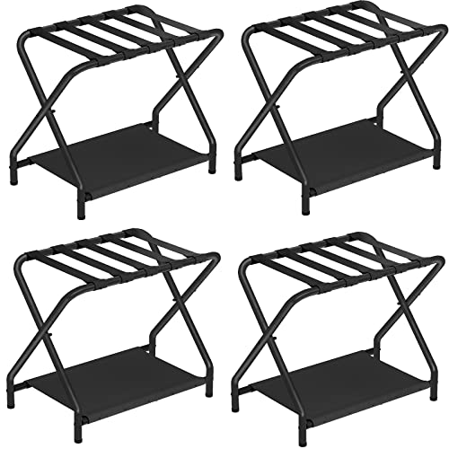 HOOBRO Luggage Rack, Pack of 4, Folding Suitcase Stand with Fabric Storage Shelf for Guest Room, Bedroom, Hotel, Holds up to 100 lb, 27 x 15.3 x 22 Inches, Space Saving, Black BK04XLP401