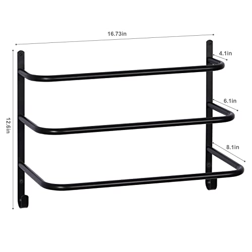 Wall Towel Rack 3 Tier Bathroom Black Towel Holder with Hooks Modern Wall Mounted Towel Blanket Holder with Towel Bar for Shower