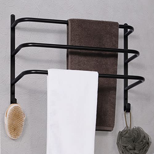 Wall Towel Rack 3 Tier Bathroom Black Towel Holder with Hooks Modern Wall Mounted Towel Blanket Holder with Towel Bar for Shower