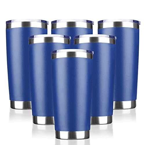 EcoMozz 20oz Tumbler Stainless Steel Vacuum Insulated Mug with Lid, Double Wall Travel Mug, Durable Powder Coated Coffee Cup, Suitable for Ice Drinks and Hot Beverage（New Blue 6 pack）