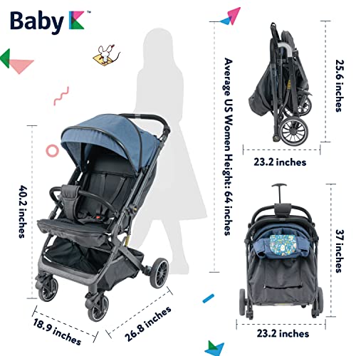 Baby K Lightweight Reversible Baby Stroller (Dark Blue- with Mesh Cover & Adjustable Canopy) - Easy Front/Rear Facing Reversible Stroller Handle - Compact Travel Stroller with Fold Up & Recline Mode