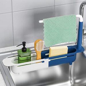 fgsaeor telescopic sink storage rack, adjustable telescopic 2-in-1 sink shelf rack with a dish cloth, expandable sponge soap holder & dishcloth hanger for sink, storage drain basket for kitchen (blue)