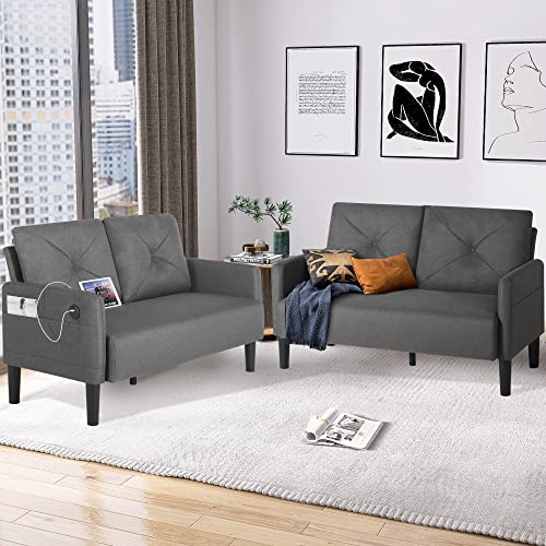 YIGOBUY Upholstered Modern Comfy Sofa Couch 56" W Small Loveseat Sofa Couches w/ 2 USB Charging Ports Fabric 2-Seat Small Couch Sofas for Living Room, Bedroom, Compact Small Space, Apartment, Office