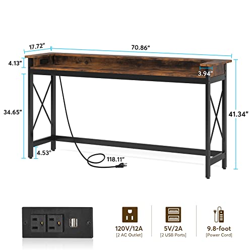 Tribesigns Sofa Table with Outlets and USB Ports, 70.9 inch Extra Long Console Table Behind Couch with Charging Station, Industrial Narrow Entryway Hallway Accent Table for Living Room