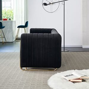 Melpomene Vertical Channel Tufted Velvet Sofa with Round Arm and Gold Metal Legs,Armrest 84.25" W（Black）