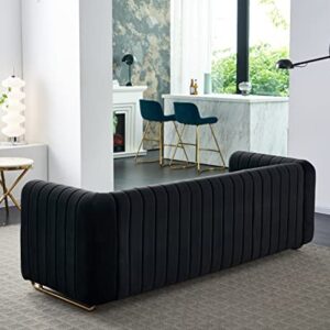 Melpomene Vertical Channel Tufted Velvet Sofa with Round Arm and Gold Metal Legs,Armrest 84.25" W（Black）