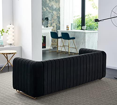 Melpomene Vertical Channel Tufted Velvet Sofa with Round Arm and Gold Metal Legs,Armrest 84.25" W（Black）