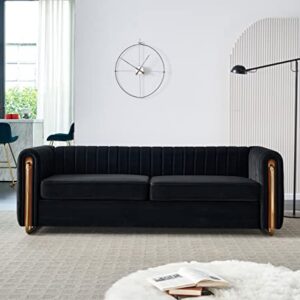 Melpomene Vertical Channel Tufted Velvet Sofa with Round Arm and Gold Metal Legs,Armrest 84.25" W（Black）