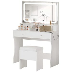 ironck vanity desk set with led lighted mirror & power outlet, makeup vanity table with 4 drawers,storage stool,for bedroom, bathroom, white