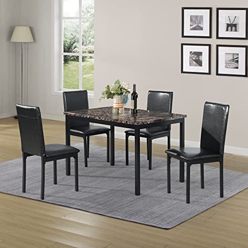 5-Piece Kitchen Dining Table Set for Dining Room, Kitchen, Dinette, Compact Space w/Modern Paper Faux Marble End Table Tabletop, 4-Piece Metal Frame Dining Seats - Black