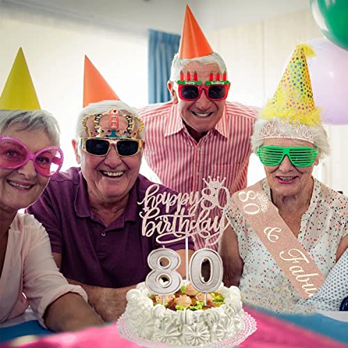 80th Birthday Decorations for Women, Including 80th Birthday Crown, Sash, Cake Topper, Candles and a Compact Mirror, Rose Gold Not A Day Over Fabulous 80th Birthday Gifts for Women