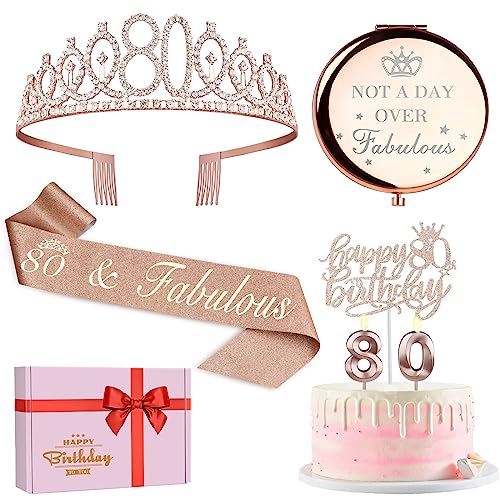 80th Birthday Decorations for Women, Including 80th Birthday Crown, Sash, Cake Topper, Candles and a Compact Mirror, Rose Gold Not A Day Over Fabulous 80th Birthday Gifts for Women