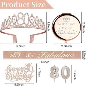 80th Birthday Decorations for Women, Including 80th Birthday Crown, Sash, Cake Topper, Candles and a Compact Mirror, Rose Gold Not A Day Over Fabulous 80th Birthday Gifts for Women