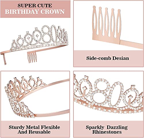 80th Birthday Decorations for Women, Including 80th Birthday Crown, Sash, Cake Topper, Candles and a Compact Mirror, Rose Gold Not A Day Over Fabulous 80th Birthday Gifts for Women