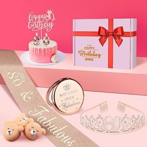 80th Birthday Decorations for Women, Including 80th Birthday Crown, Sash, Cake Topper, Candles and a Compact Mirror, Rose Gold Not A Day Over Fabulous 80th Birthday Gifts for Women