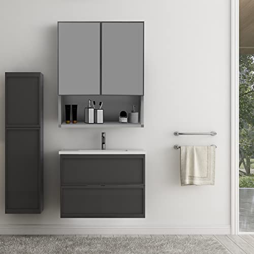 YEPOTUE Bathroom Wall Medicine Cabinet with Double Doors Space 23.6" 19.6" Aluminum Storage, Water, and Rust Resistant, Recess or Surface Mount for Bathroom, Kitchen, Bedroom-Grey