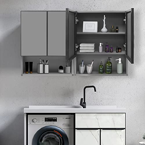 YEPOTUE Bathroom Wall Medicine Cabinet with Double Doors Space 23.6" 19.6" Aluminum Storage, Water, and Rust Resistant, Recess or Surface Mount for Bathroom, Kitchen, Bedroom-Grey