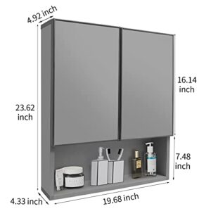 YEPOTUE Bathroom Wall Medicine Cabinet with Double Doors Space 23.6" 19.6" Aluminum Storage, Water, and Rust Resistant, Recess or Surface Mount for Bathroom, Kitchen, Bedroom-Grey