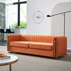 Melpomene Vertical Channel Tufted Velvet Sofa with Round Arm and Gold Metal Legs,Armrest 84.25" W（Orange）