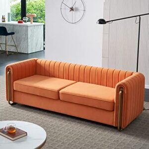 Melpomene Vertical Channel Tufted Velvet Sofa with Round Arm and Gold Metal Legs,Armrest 84.25" W（Orange）