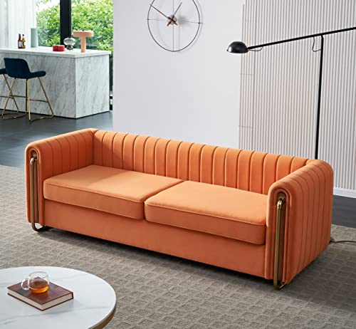 Melpomene Vertical Channel Tufted Velvet Sofa with Round Arm and Gold Metal Legs,Armrest 84.25" W（Orange）