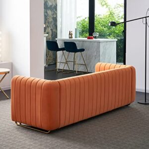 Melpomene Vertical Channel Tufted Velvet Sofa with Round Arm and Gold Metal Legs,Armrest 84.25" W（Orange）