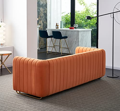 Melpomene Vertical Channel Tufted Velvet Sofa with Round Arm and Gold Metal Legs,Armrest 84.25" W（Orange）