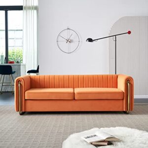 Melpomene Vertical Channel Tufted Velvet Sofa with Round Arm and Gold Metal Legs,Armrest 84.25" W（Orange）