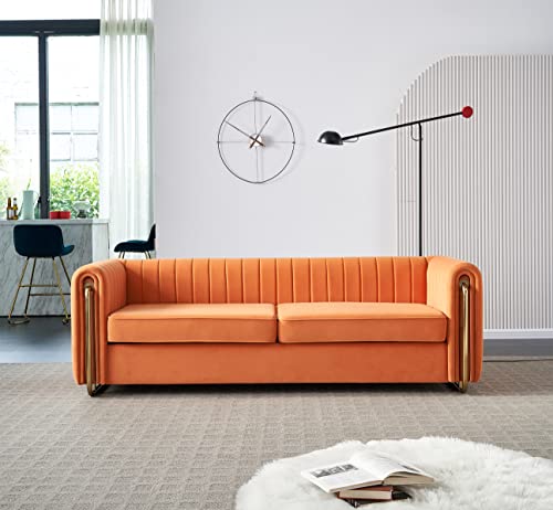 Melpomene Vertical Channel Tufted Velvet Sofa with Round Arm and Gold Metal Legs,Armrest 84.25" W（Orange）