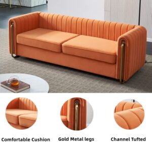 Melpomene Vertical Channel Tufted Velvet Sofa with Round Arm and Gold Metal Legs,Armrest 84.25" W（Orange）