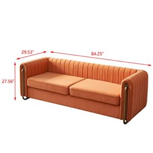 Melpomene Vertical Channel Tufted Velvet Sofa with Round Arm and Gold Metal Legs,Armrest 84.25" W（Orange）