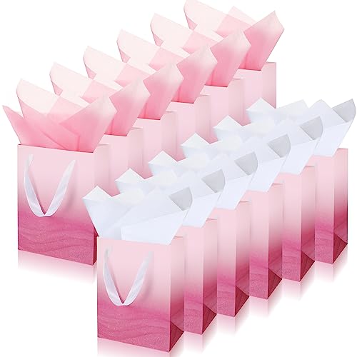 Jeyiour 24 Pcs Ombre Gift Bags Bulk with 48 Pcs Tissue Paper, 9 x 7 x 4 Inch, Glitter Graduation Paper Gift Bag, Packaging for Wedding Birthday Party Favor (Pink)