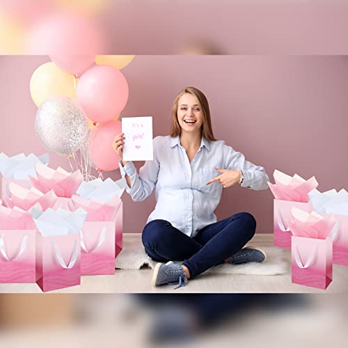 Jeyiour 24 Pcs Ombre Gift Bags Bulk with 48 Pcs Tissue Paper, 9 x 7 x 4 Inch, Glitter Graduation Paper Gift Bag, Packaging for Wedding Birthday Party Favor (Pink)