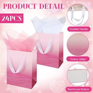 Jeyiour 24 Pcs Ombre Gift Bags Bulk with 48 Pcs Tissue Paper, 9 x 7 x 4 Inch, Glitter Graduation Paper Gift Bag, Packaging for Wedding Birthday Party Favor (Pink)