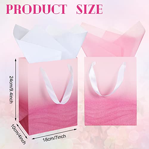 Jeyiour 24 Pcs Ombre Gift Bags Bulk with 48 Pcs Tissue Paper, 9 x 7 x 4 Inch, Glitter Graduation Paper Gift Bag, Packaging for Wedding Birthday Party Favor (Pink)