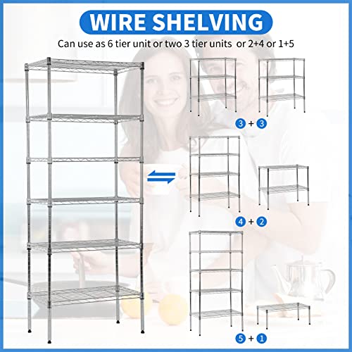 Dlewmsyic Wire Shelving Unit, 6-Tier Metal Shelf Height Adjustable 13" D x 23" W x 59" H 900 Lbs Capacity Separable Rack for Kitchen Pantry Office Storage Shelves, Chrome