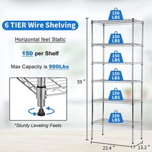 Dlewmsyic Wire Shelving Unit, 6-Tier Metal Shelf Height Adjustable 13" D x 23" W x 59" H 900 Lbs Capacity Separable Rack for Kitchen Pantry Office Storage Shelves, Chrome