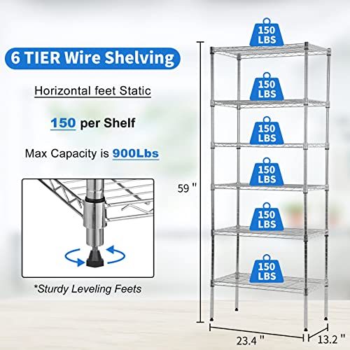 Dlewmsyic Wire Shelving Unit, 6-Tier Metal Shelf Height Adjustable 13" D x 23" W x 59" H 900 Lbs Capacity Separable Rack for Kitchen Pantry Office Storage Shelves, Chrome