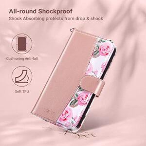 ULAK Compatible with iPhone 14 Wallet Case for Women, Flower Pattern PU Leather Flip Cover with Card Holder and Kickstand Feature Protective Phone Case Designed for iPhone 14 6.1 Inch, Rose Gold