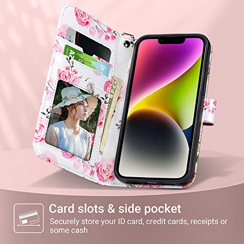 ULAK Compatible with iPhone 14 Wallet Case for Women, Flower Pattern PU Leather Flip Cover with Card Holder and Kickstand Feature Protective Phone Case Designed for iPhone 14 6.1 Inch, Rose Gold