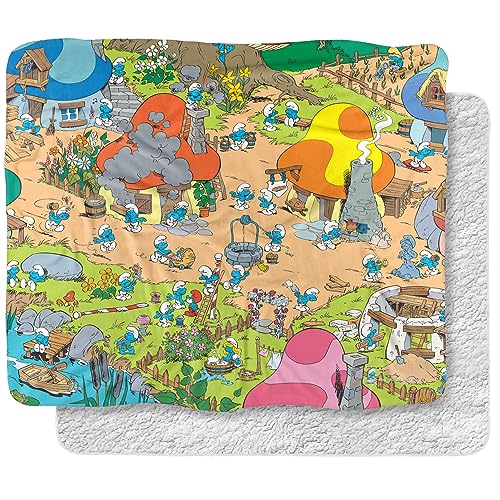 The Smurfs Blanket, 50"x60" Smurf Village Silky Touch Sherpa Back Super Soft Throw Blanket