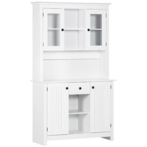 homcom freestanding rustic buffet with hutch, 4 door farmhouse kitchen pantry cabinet, microwave stand with beadboard panel, drawer and adjustable shelves, white