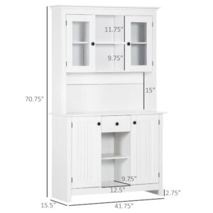 HOMCOM Freestanding Rustic Buffet with Hutch, 4 Door Farmhouse Kitchen Pantry Cabinet, Microwave Stand with Beadboard Panel, Drawer and Adjustable Shelves, White