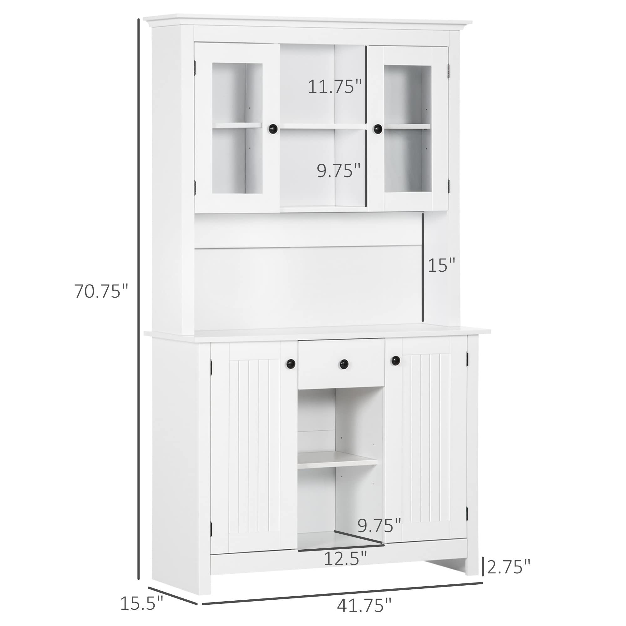 HOMCOM Freestanding Rustic Buffet with Hutch, 4 Door Farmhouse Kitchen Pantry Cabinet, Microwave Stand with Beadboard Panel, Drawer and Adjustable Shelves, White