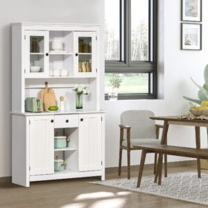 HOMCOM Freestanding Rustic Buffet with Hutch, 4 Door Farmhouse Kitchen Pantry Cabinet, Microwave Stand with Beadboard Panel, Drawer and Adjustable Shelves, White