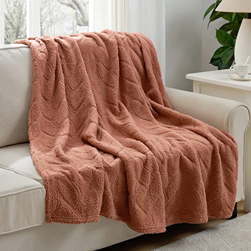 Cozy Bliss Sherpa Throw Blanket, Leaf Textured Bed Cozy Blanket Super Soft and Lightweight Fleece Blanket Warm for Couch Sofa,Fuzzy and Decorative Blanket, 60"x80"Cosmic Rust